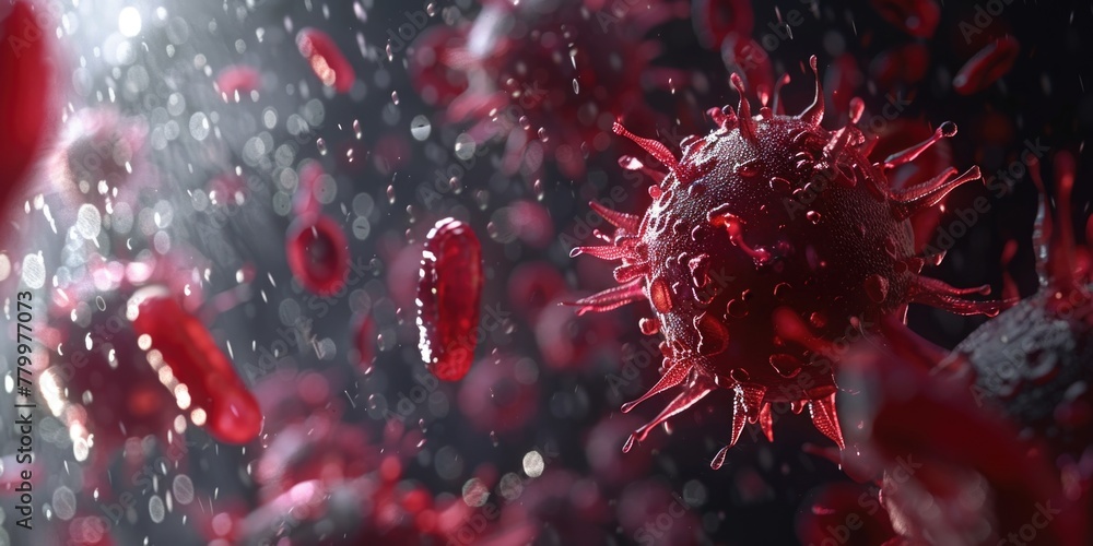 A red virus is shown in a close up. The virus is surrounded by red ...