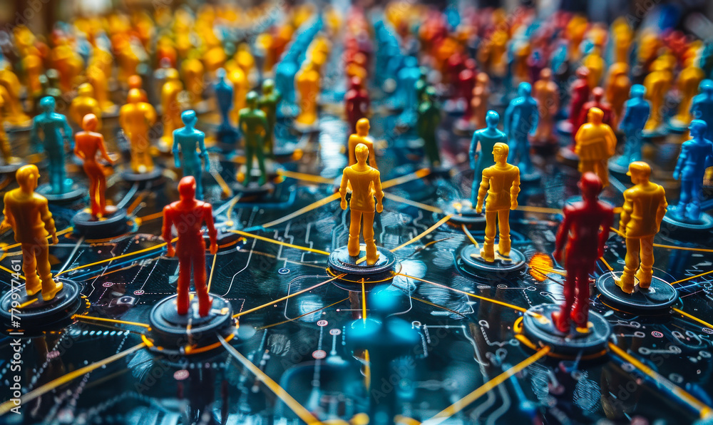 Colorful figurines connected by lines on a network grid illustrating ...