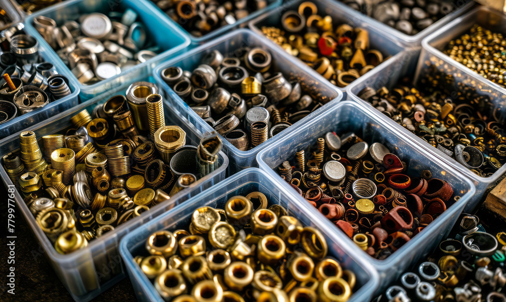 Organized Assortment of Brass and Metal Fasteners in Transparent ...
