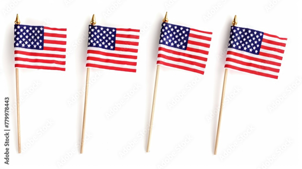 Four American flags are lined up on a white background. The flags are ...