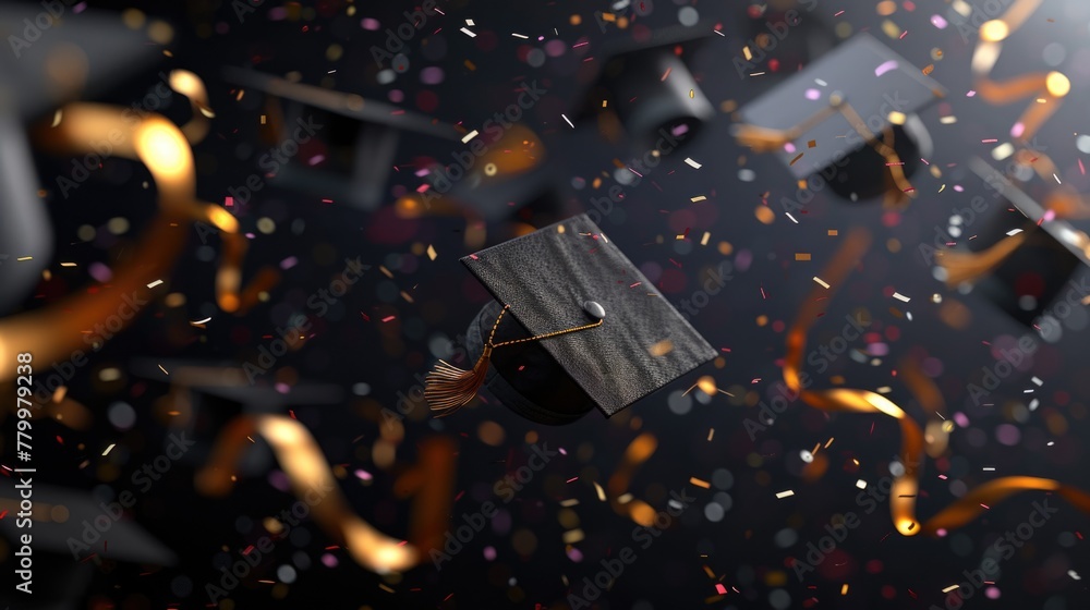 A graduation cap is flying through the air with confetti falling around ...