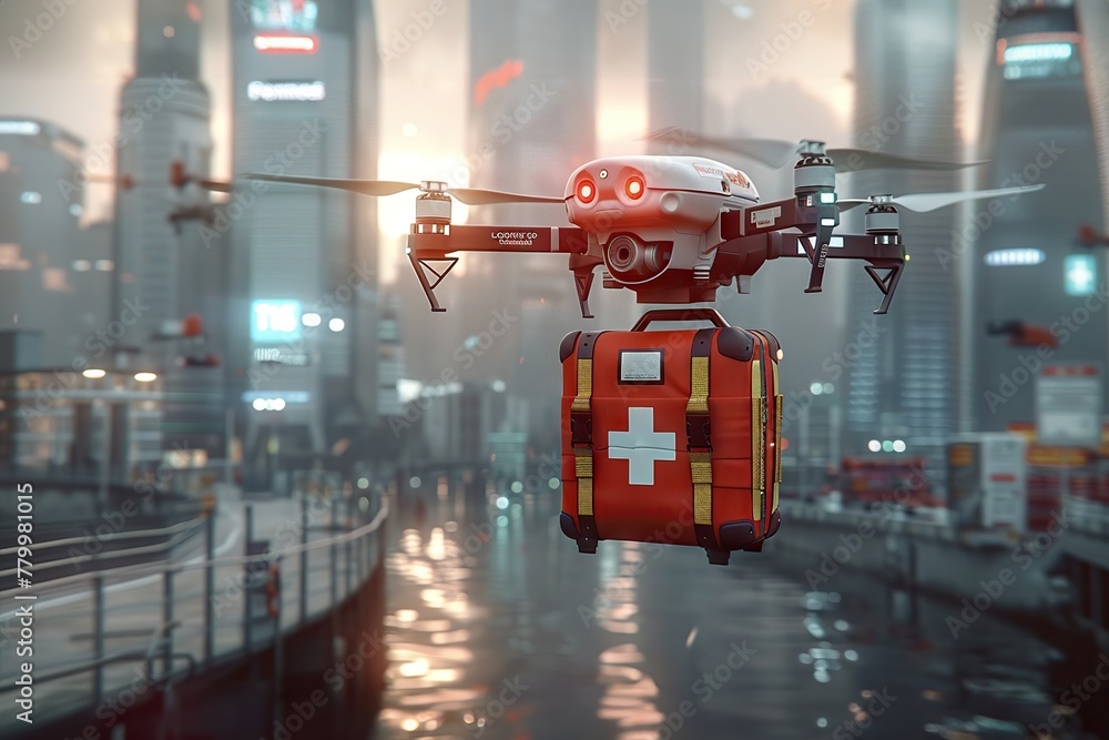 Drone Quadcopter Carrying a First Aid Kit Soaring Over an Urban ...