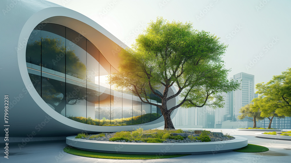 Eco-friendly building in modern city. Round office building with green ...