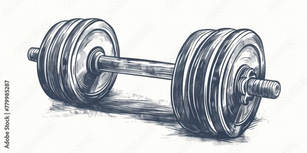 A blue and white drawing of a barbell with a black handle. The barbell ...