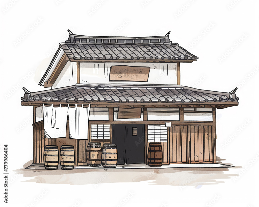Simple, clean drawing of a sake brewery with wooden barrels, focusing ...