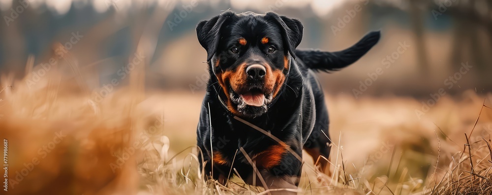 ferocious Rottweiler dog snarling, showing its teeth with a blurred ...