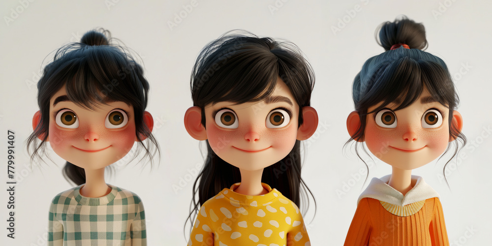 Happy smiling three cartoon character girl kid child children person ...