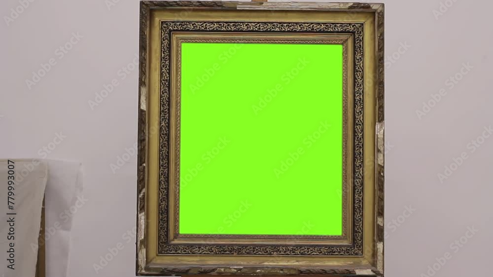 Old Picture Frame With Chroma Key Green Screen. Close Up. You can ...