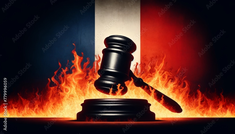 Burning gavel against tricolor of France - The image shows the symbol ...
