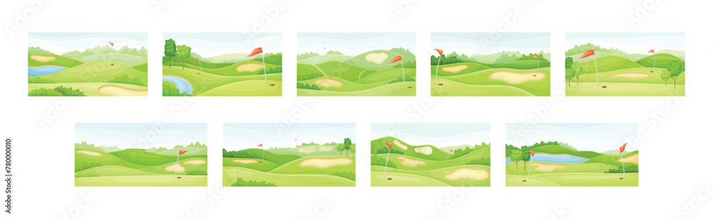 Green Golf Courses with Hole and Red Flag Pole Vector Set Stock Vector ...