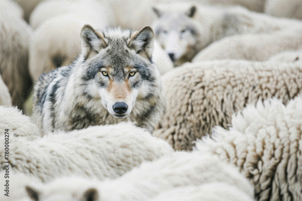 A gray wolf in sheep's clothing among a flock of sheep pretends to be a ...