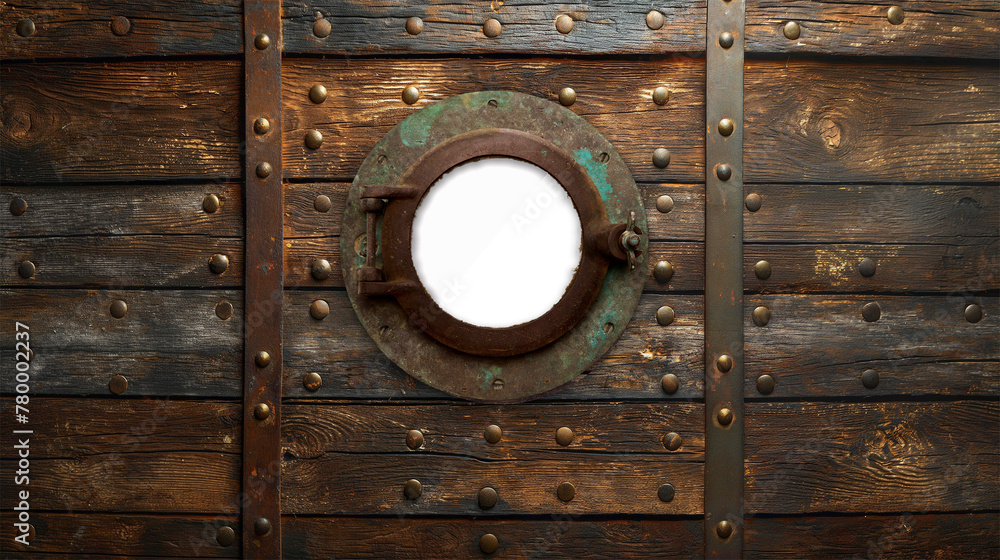 Vintage Aged Brass Ship Porthole Mounted on a Wooden Hull with a ...