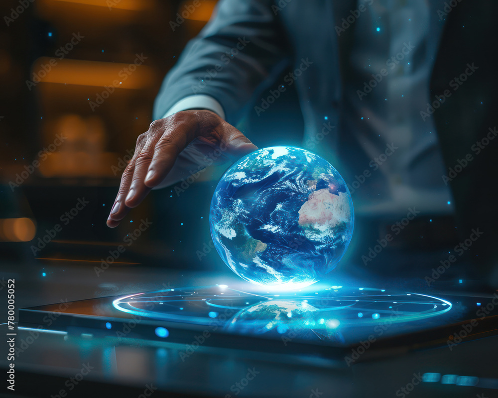 Photograph a businessman in a modern office, his hand hovering over a ...