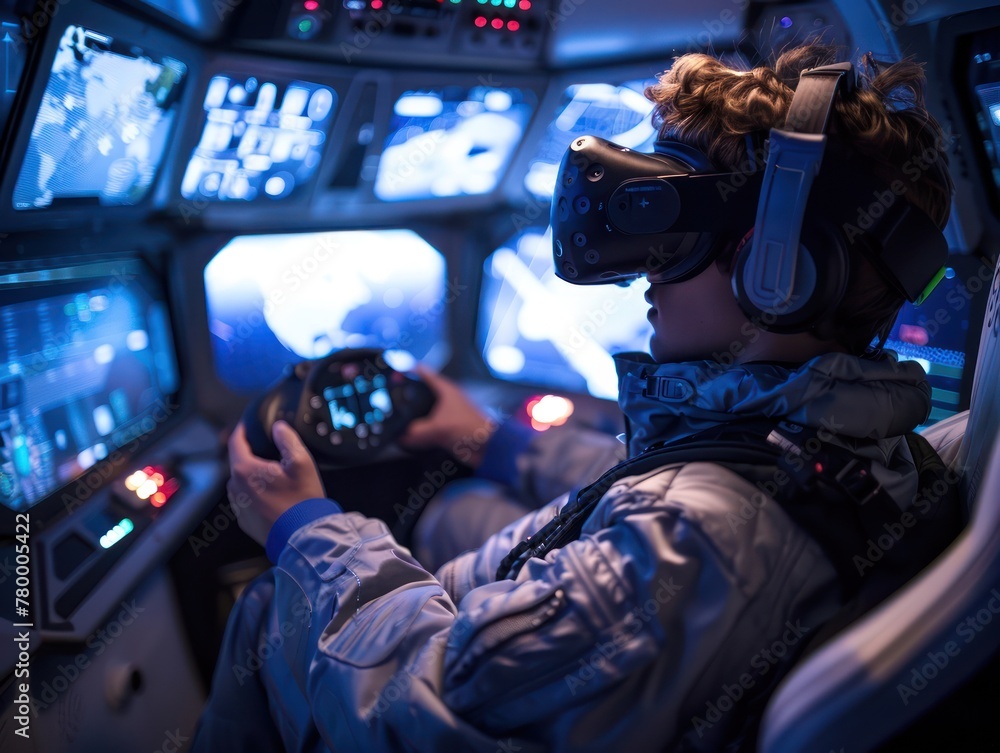 Photograph a young man in a futuristic gaming chair, VR goggles ...