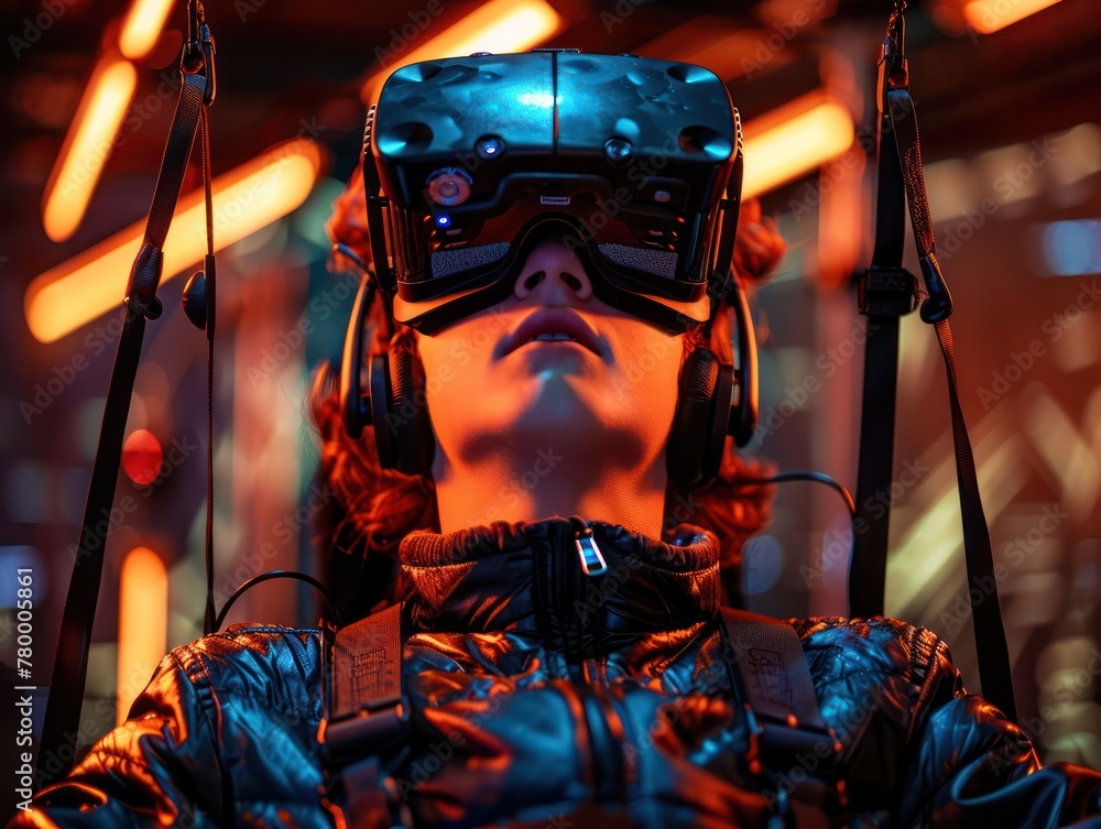 Take a photo of a young man experiencing virtual reality flight, his ...