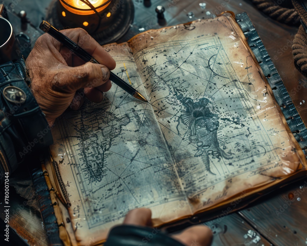 Capture a sailor sketching constellations in a logbook by lantern light ...