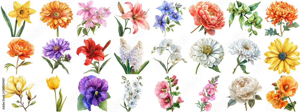 Watercolor flower set isolated background. Various floral collection of ...