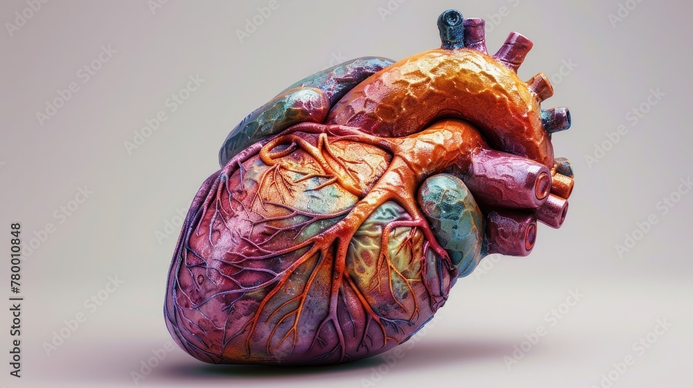 A detailed illustration of a human heart with vibrant colors and ...