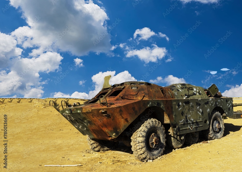 Damaged tanks, armored vehicles and equipment on the battlefield ...