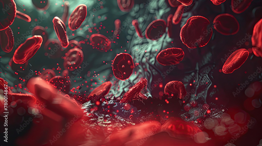 Red blood cells in vein with depth of field, A blood vessel with blood ...