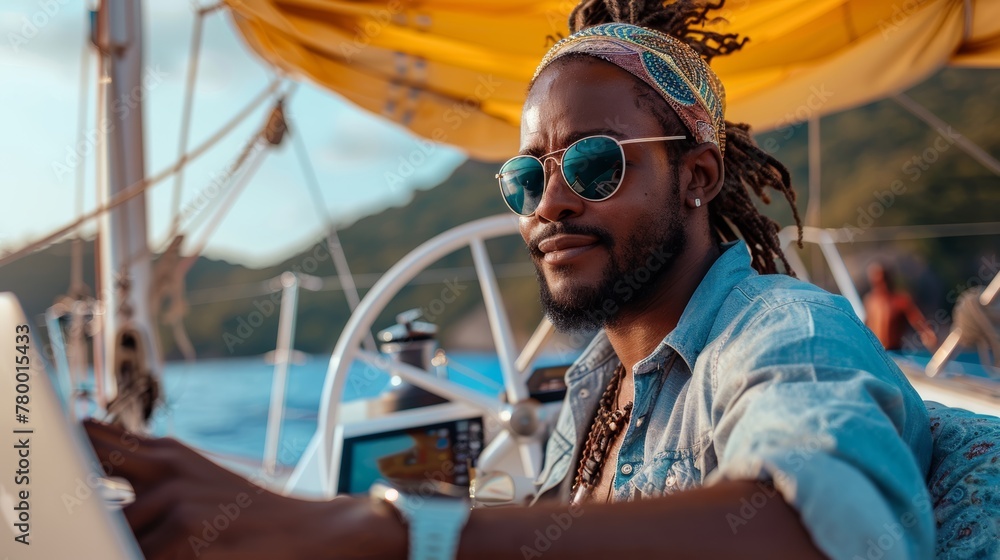 modern handsome influencer Caribbean pirate, sitting on a sailing ...
