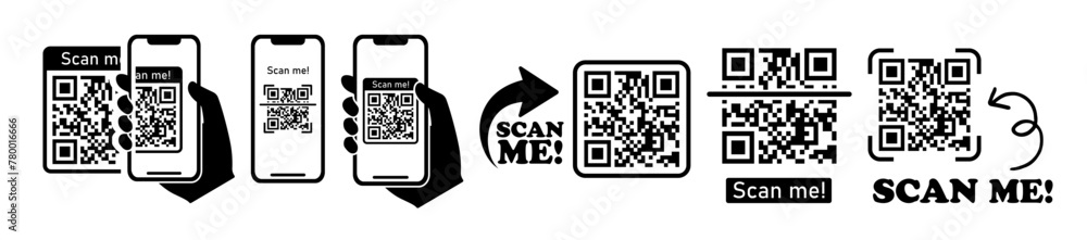 QR code set. Scan qr code icon. Template scan me Qr code for smartphone. payment hand with phone ...