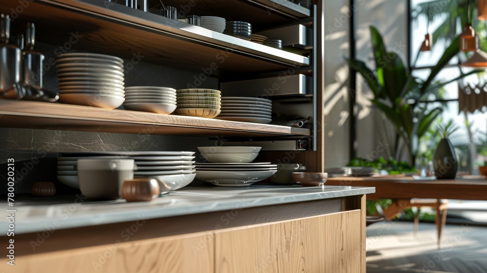 4K ultra HD perspective of a chic, large sliding cabinet in a kitchen ...