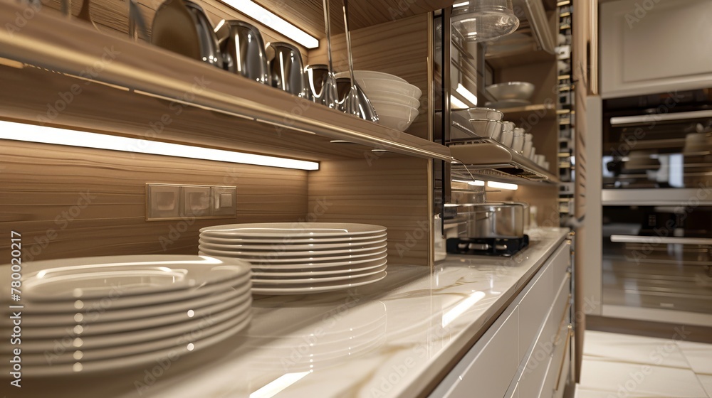 4K ultra HD perspective of a chic, large sliding cabinet in a kitchen ...