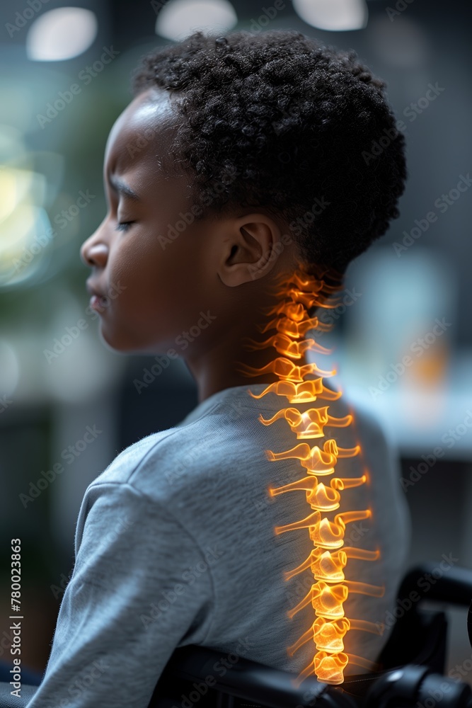 X-ray of backbone of sitting afroamerican boy with closed eyes. The ...