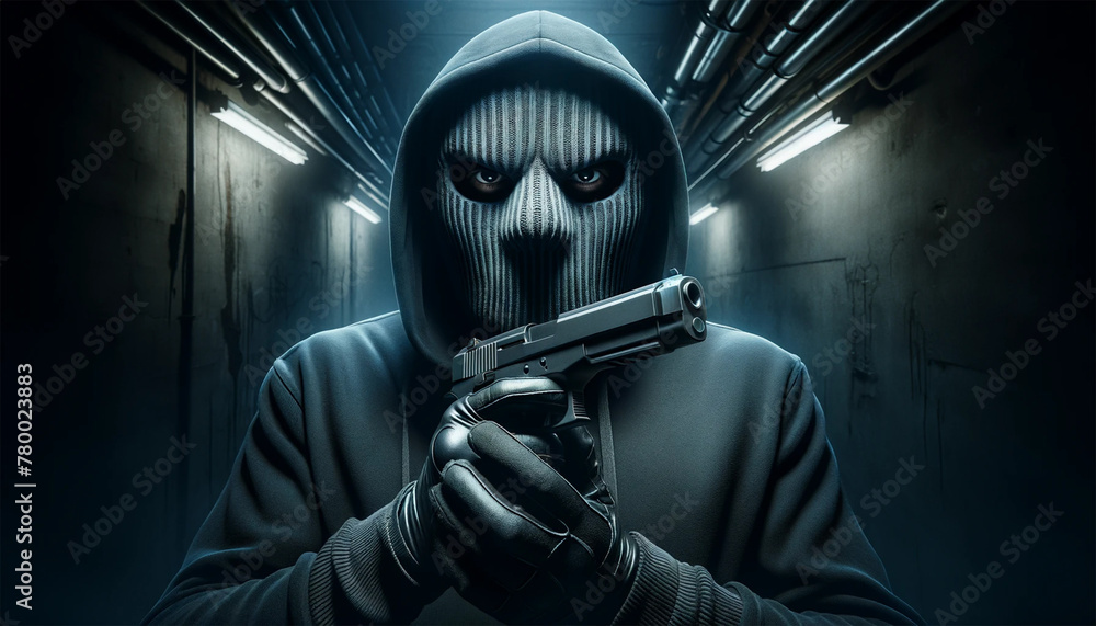 A masked bandit in a dark alley with a gun in his hand, ready for ...