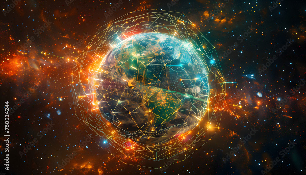 A digital globe surrounded by a web of interconnected lines and nodes ...