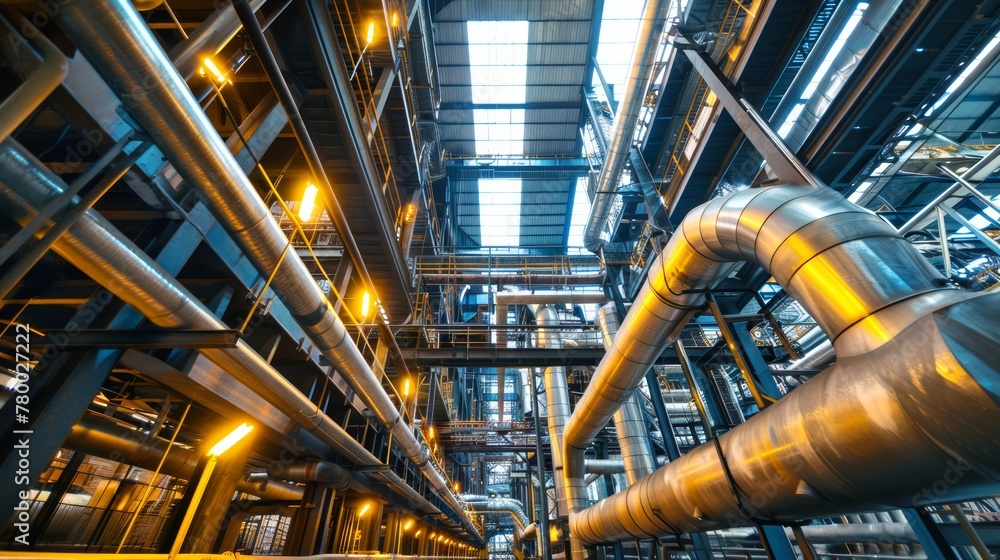 Metallic industrial pipelines and structural framework in a factory ...