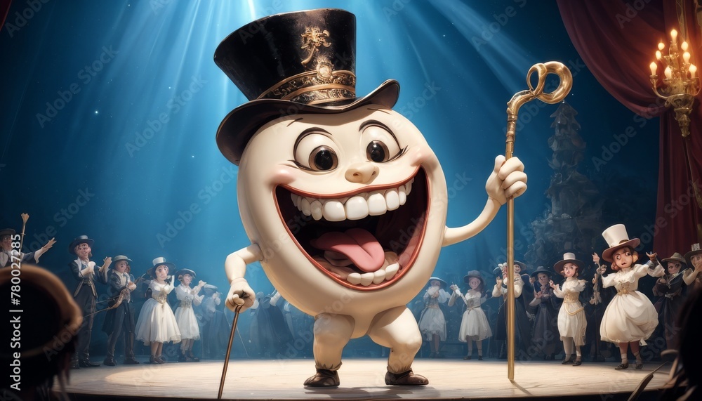 A characterful egg-shaped figure stands center stage, radiating joy and ...