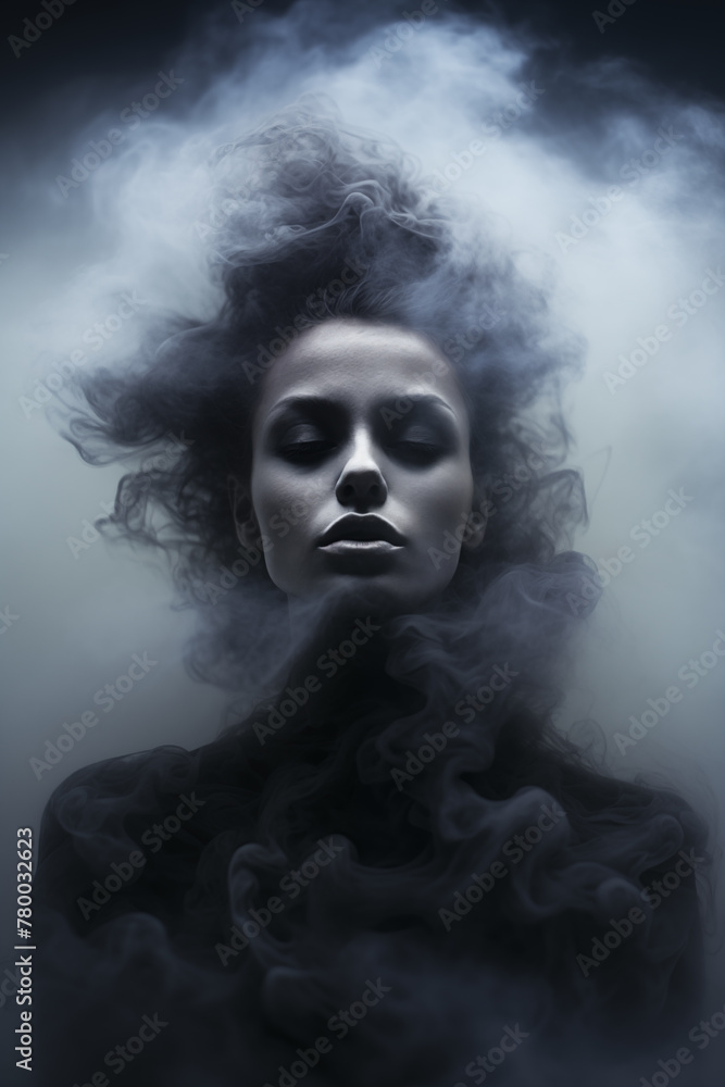 Portrait of a woman fading and dissolving into the smoke dark ...