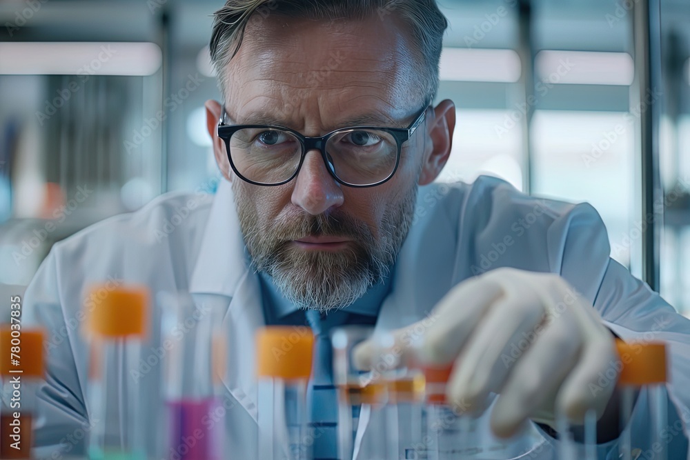 Portrait of busy concentrated middle aged male scientist in white lab ...
