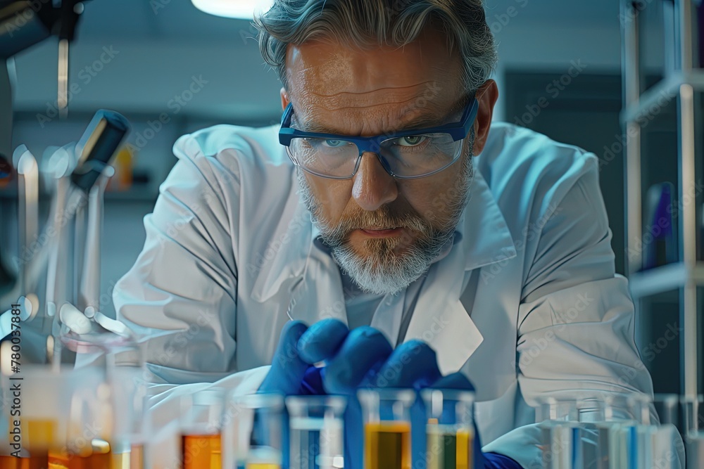 Portrait of busy concentrated middle aged male scientist in white lab ...