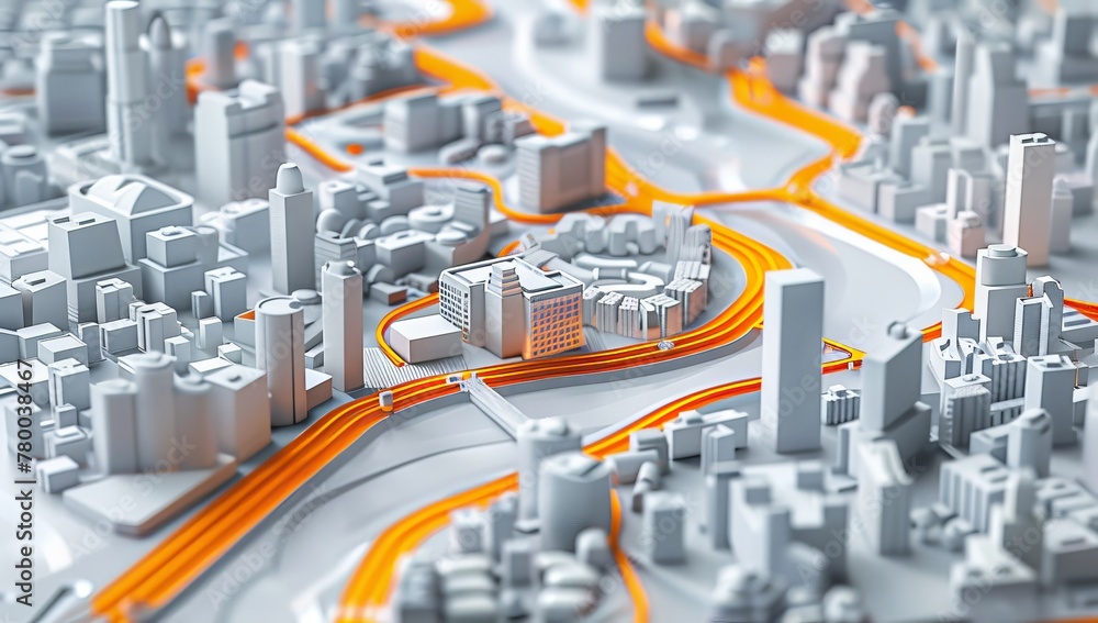 3d model of city map with buildings and roads, orange network lines ...
