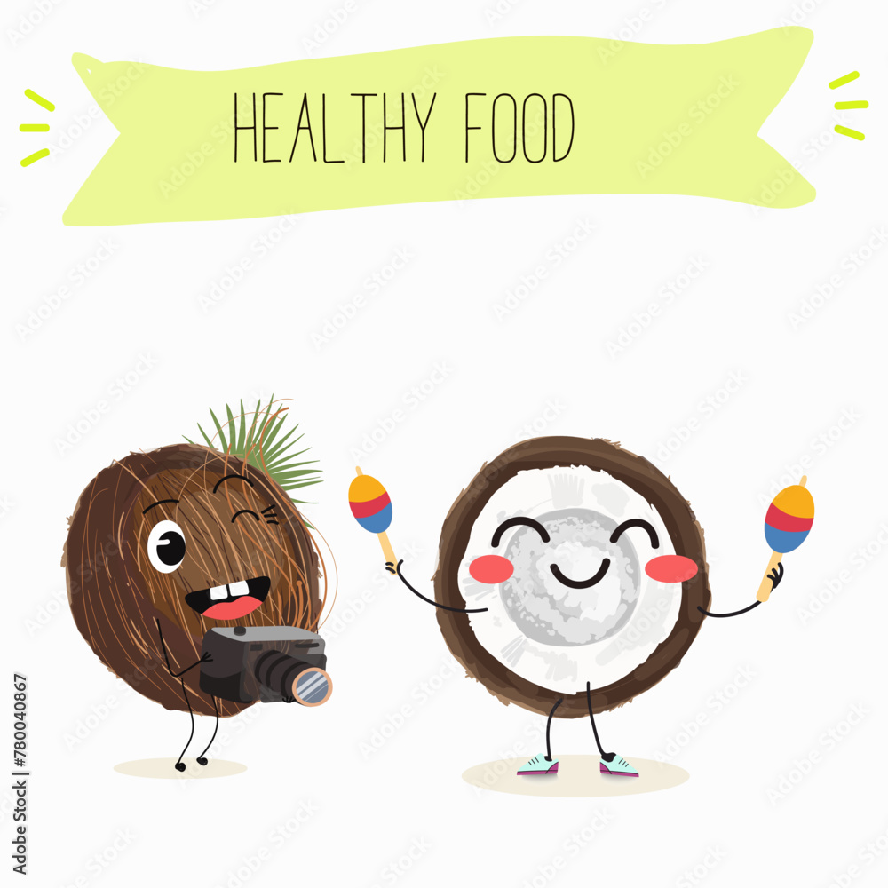 Cute coconut characters, funny fruits, characters with different ...