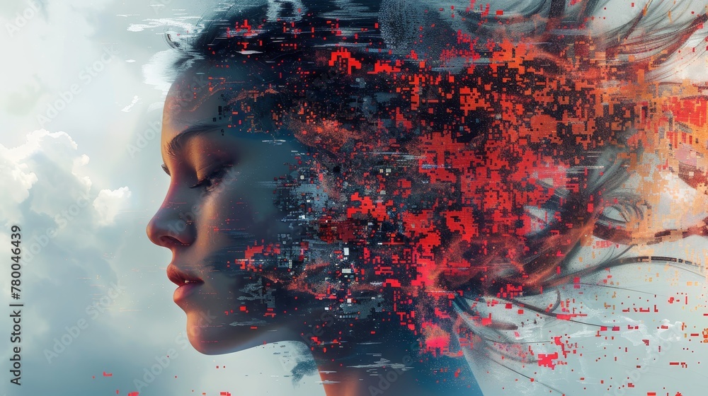 A woman's face is shown in a distorted, pixelated way. The image is a ...