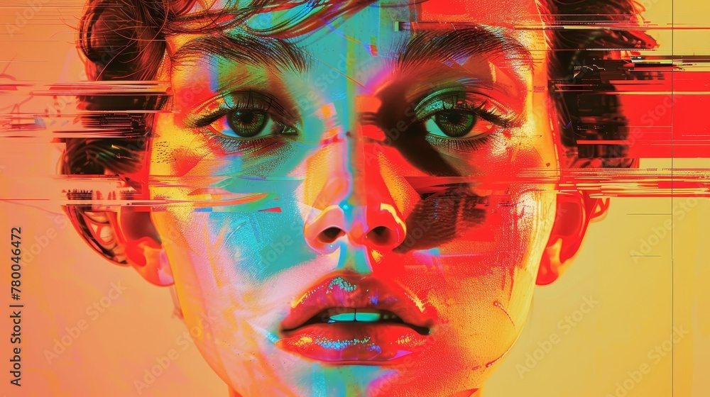 A woman's face is shown in a distorted, pixelated way. The image is a ...