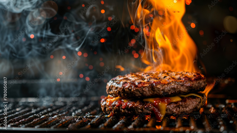 Cheeseburger on grill with flames and melting cheddar cheese. Stock ...