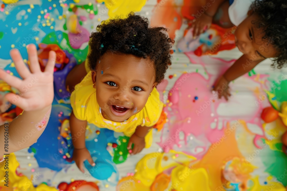 Toddlers exploring sensory play finger painting in a brightly colored ...