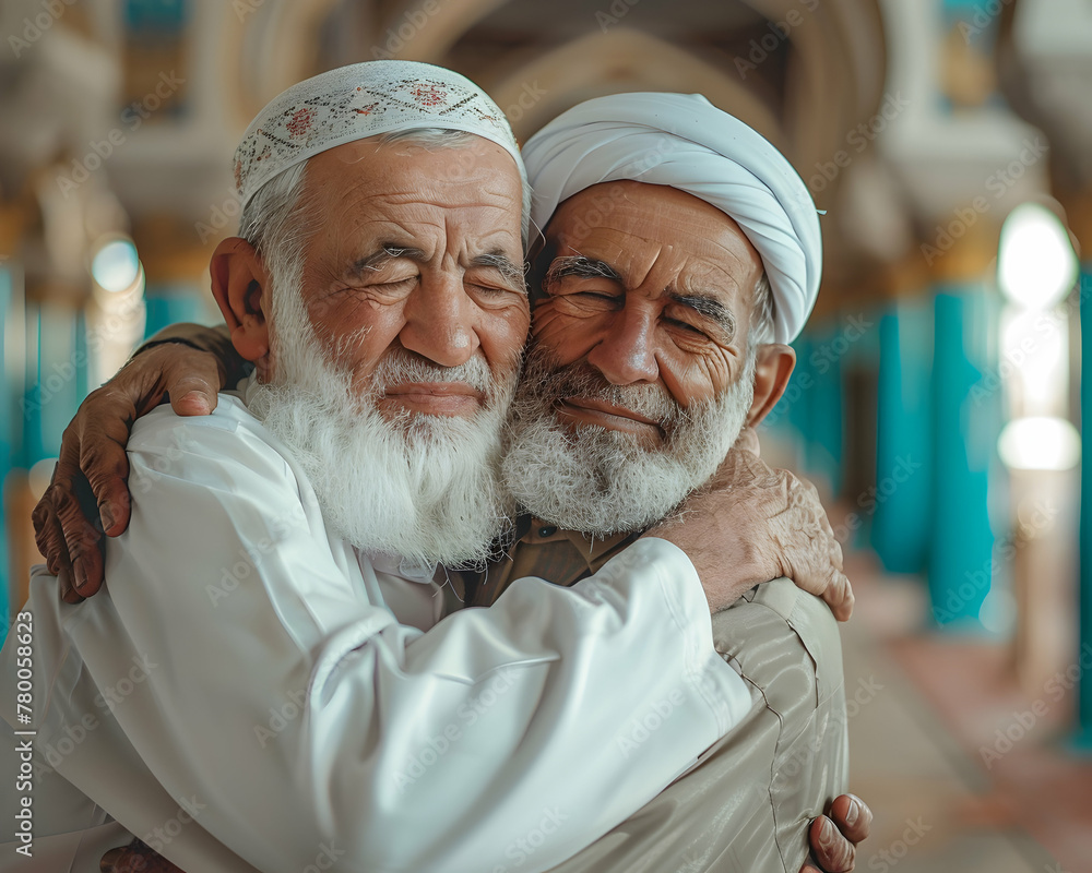 Hug with each other after Eid prayer Muslim man hugging and wishing to ...