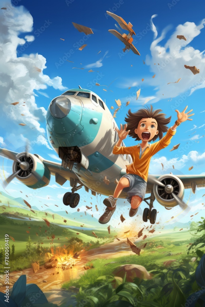 A boy is seen riding inside an airplane as it soars through the sky ...
