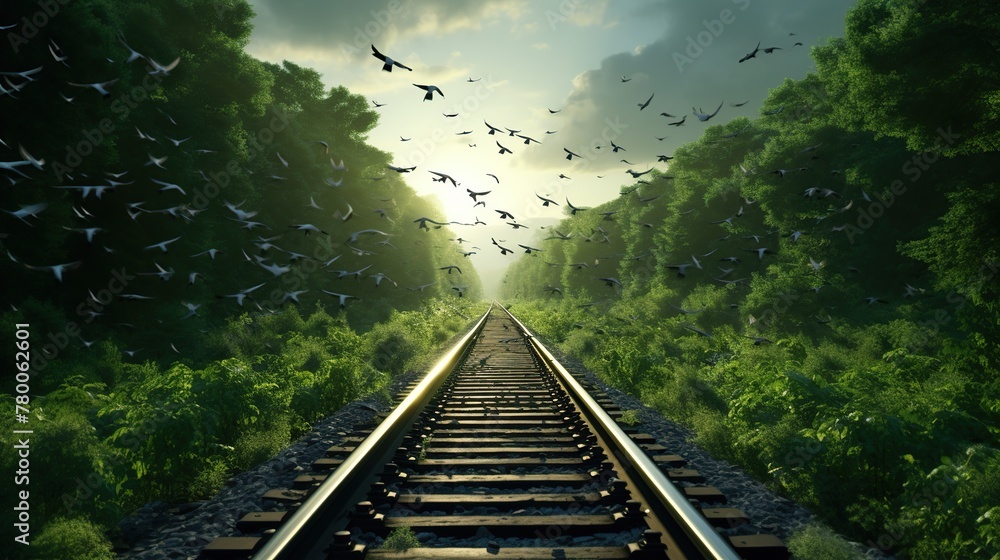 Railroad tracks at the green forest with beautiful flying birds and ...