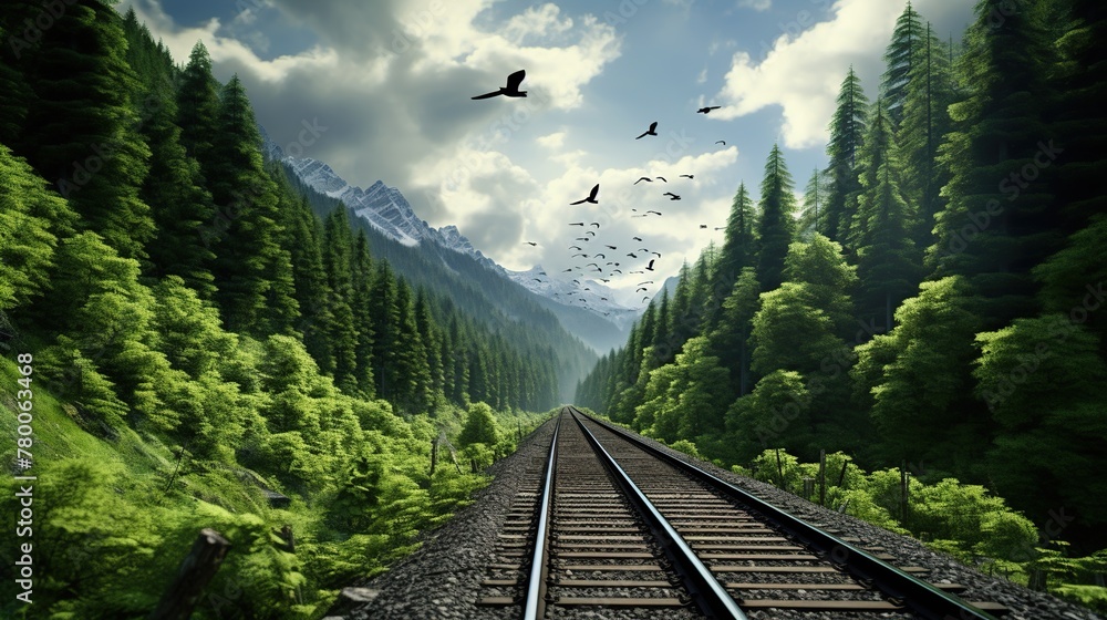 Railroad tracks at the green forest with beautiful flying birds and ...