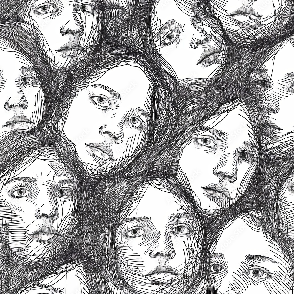 The black and white drawing shows a crowd of people and we see many of ...