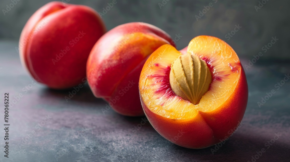 Ripe nectarine with juicy red flesh and yellow stone on a textured ...
