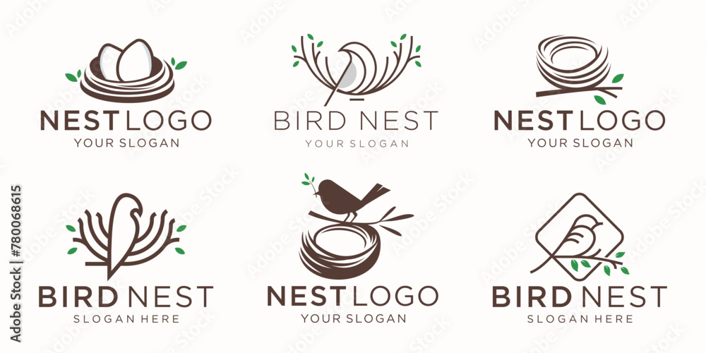 set of bird's nest logo with simple roots and leaves symbols. Stock ...