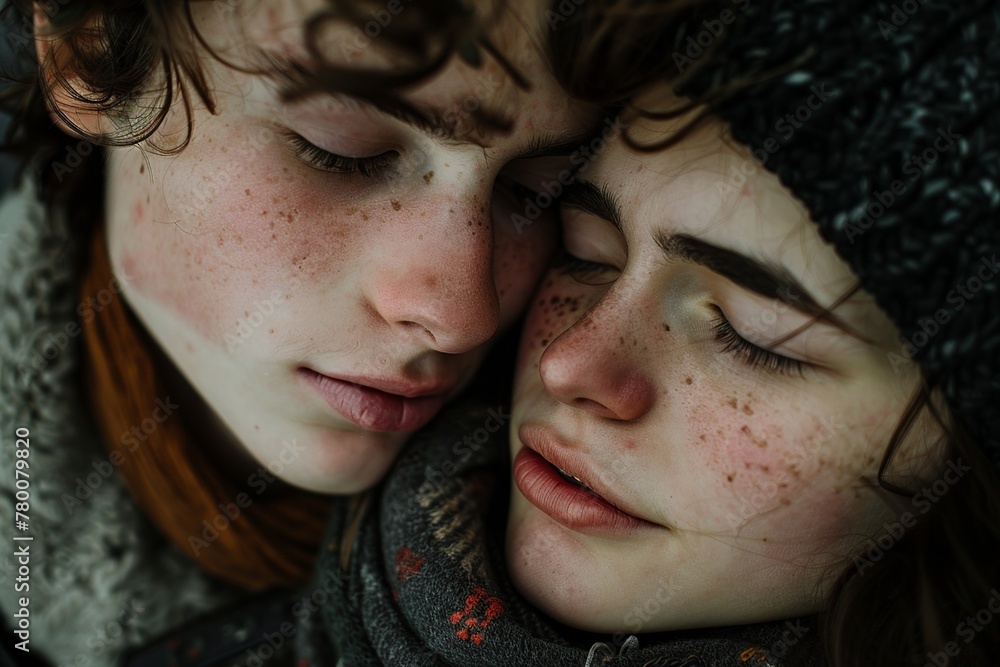 A close-up capturing two people in a tight embrace, focusing on their ...
